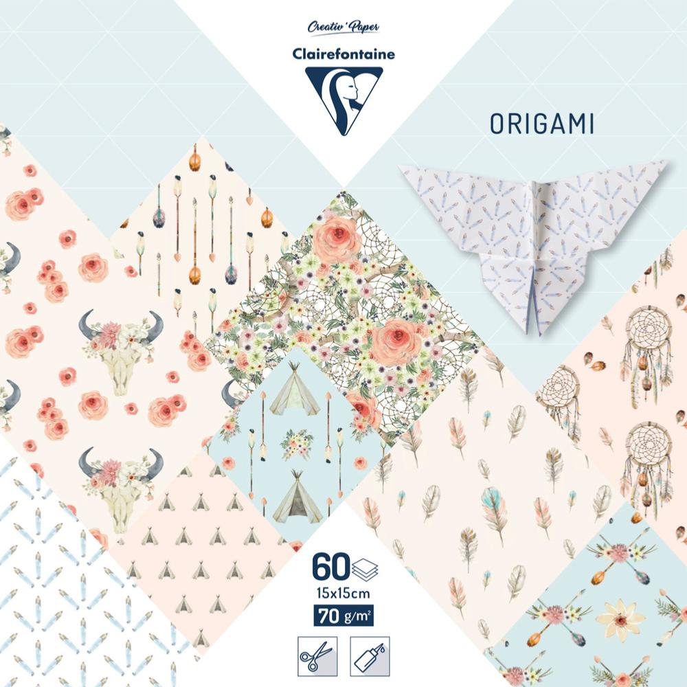 Papier Origami 60 feuilles 15x15cm Motifs Bohème Chic Clairefontaine